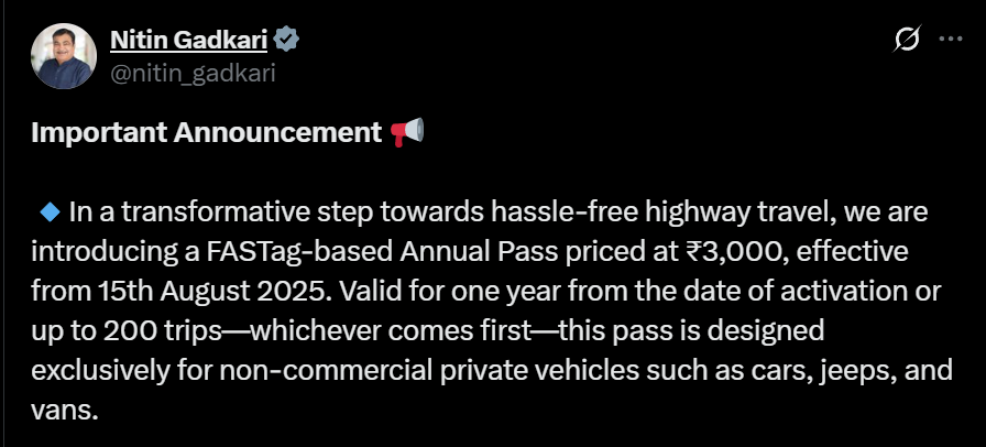 Govt to Launch ₹3,000 FASTag Annual Pass from August 15 -Autonexa